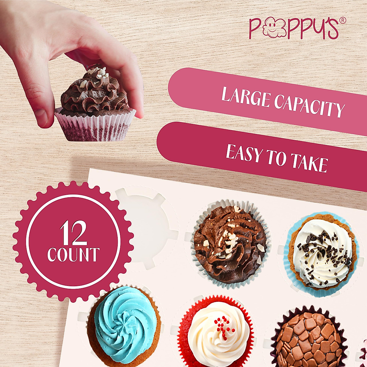 Gold-Trimmed Cupcake Boxes - 12 Count Cupcake Containers with Removable Inserts, Transparent Window Cupcake Holder (5 Pack)