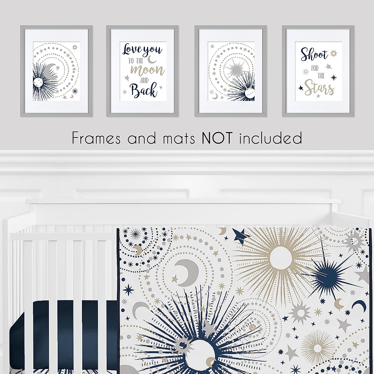 Sweet Jojo Designs Star and Moon Wall Art Prints Room Decor for Baby, Nursery, and Kids - Set of 4 - Navy Blue, Gold, and Grey Celestial Sky
