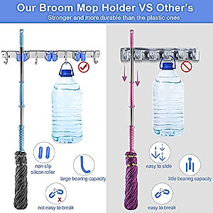 Broom and Mop Holder Wall Mounted, 3 Position 4 Hooks Garage Organization Holds up to 7 Tools, Stainless Steel Heavy Duty Broom Holder Organizer for Cleaning Supplies Organizer, Laundry Room Storage