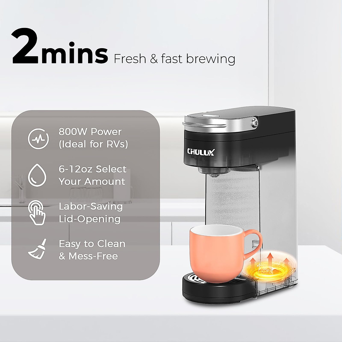 CHULUX Slim Single Serve Coffee Maker for K Cup Pods & Ground Coffee, One Cup Coffee Maker Fits 7.3" Travel Mugs, Coffee Machine with 6 to 12oz Brew Sizes