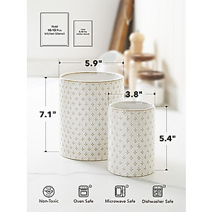 LE TAUCI Utensil Holder, 7.1"+5.4" Ceramic Kitchen Utensil Holder for Counter top, Embossed Cooking Utensil Organizer for Spatula & Spoon, Kitchen Decor, Set of 2, Arctic White, Clover