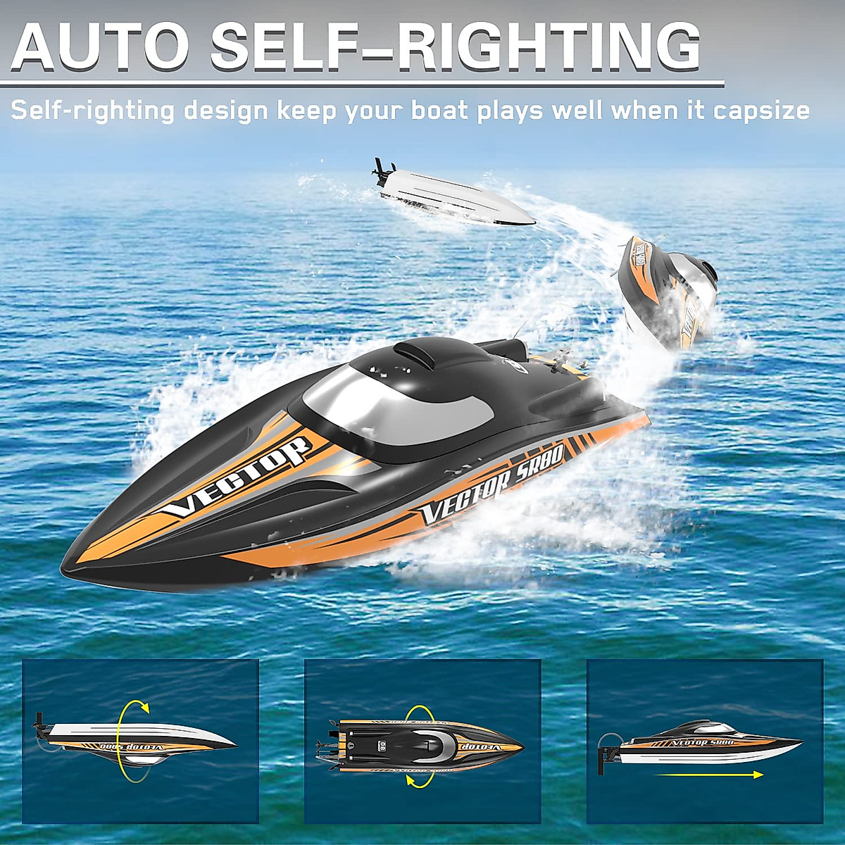 VOLANTEXRC Brushless Remote Control Boat VectorSR80 45MPH High-Speed RC Boats for Adults Ready to Run Waterproof Design Fast RC Boat with Self-Righting for Lake & River Toy Gifts (798-4 RTR)