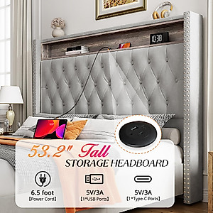 Jocisland Queen Size Bed Frame 53.6'' Tall Headboard LED Lights Charging Station, Velvet Hign Upholstered Platform Bed Wingback Storage, No Box Spring Needed, Motion Activated Light, Light Gray