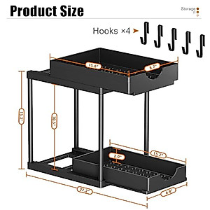 2 Pack Under Sink Organizer，Bathroom Cabinet Organizer, 2 Tier Sliding Cabinet Organizer Drawer with 8 Hooks Pull Out Cabinet Organizer Multi-Purpose Organizer for Bathroom Kitchen (Black x 2)