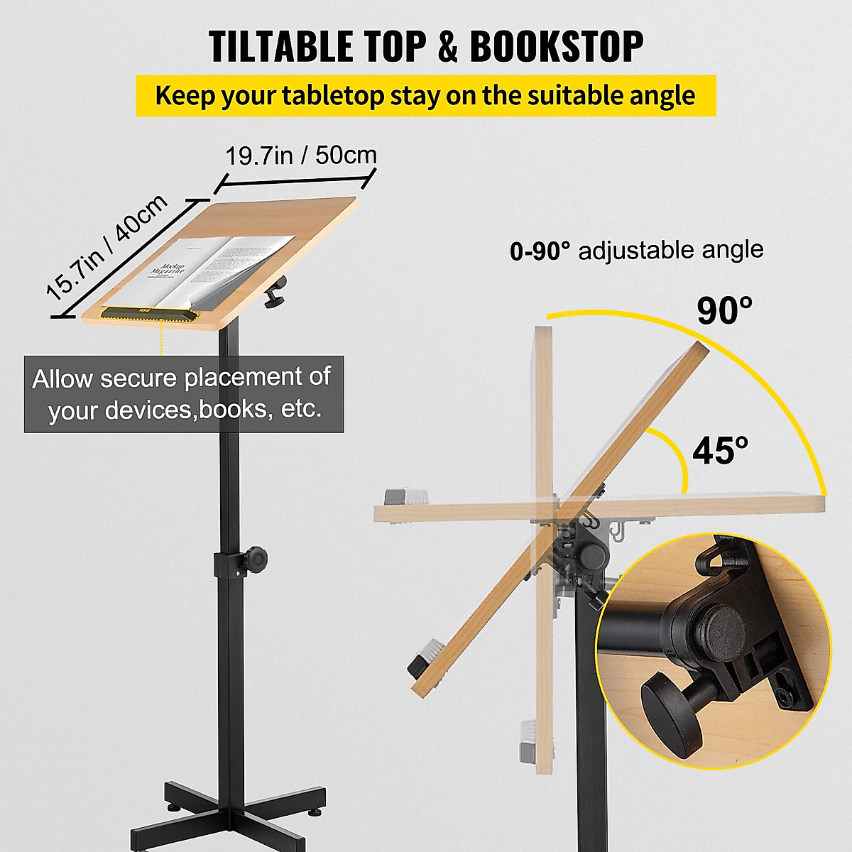 VEVOR Lectern Podium Stand, Height Adjustable Laptop Table, Portable Presentation Standing for Classroom, Office, Church, Tilting Desktop with Edge Stopper, Oak