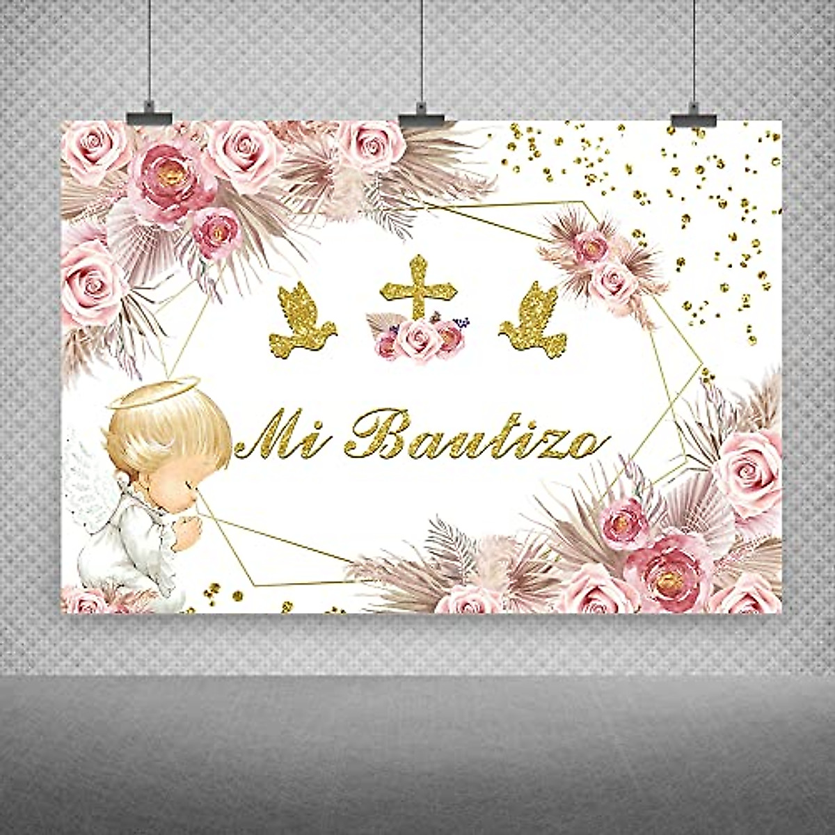 5x3ft Mi Bautizo Backdrop for Girl Baptism Gold Bless Background Boho Pink Flower Golden Dots Photography Baby Shower Banner Party Decorations Floral Newborn Photo Booth Props Supplies