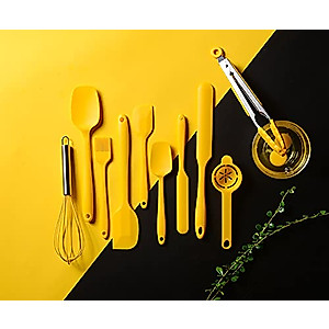 Silicone Spatula Set of 11 Kitchen Utensils with Iron Holder for Baking, Cooking, and Mixing,Cooking Spatulas Nonstick Cookware，Seamless and Flexible,Dishwasher Safe (Yellow)