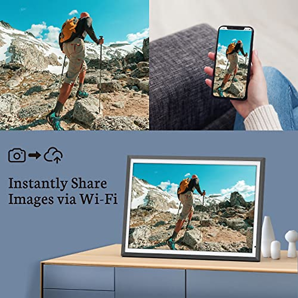 BSIMB 13.5-Inch 32GB 3K Digital Photo Frame Dual Band Wi-Fi, Smart Digital Picture Frame, Light Sensor, Send Photos & Videos via App/Email Instantly, Wall Mountable, Gift for Grandparents