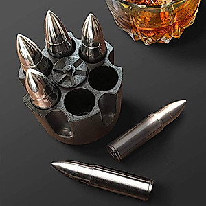 Zwin Extra Large Silver Bullets Whiskey Stones Set for Drink, 6Pcs Whiskey Ice Cubes Bullets Stones with Base, Reusable Whiskey Stones Stainless Steel Whisky Gifts for Men Dad Boyfriend