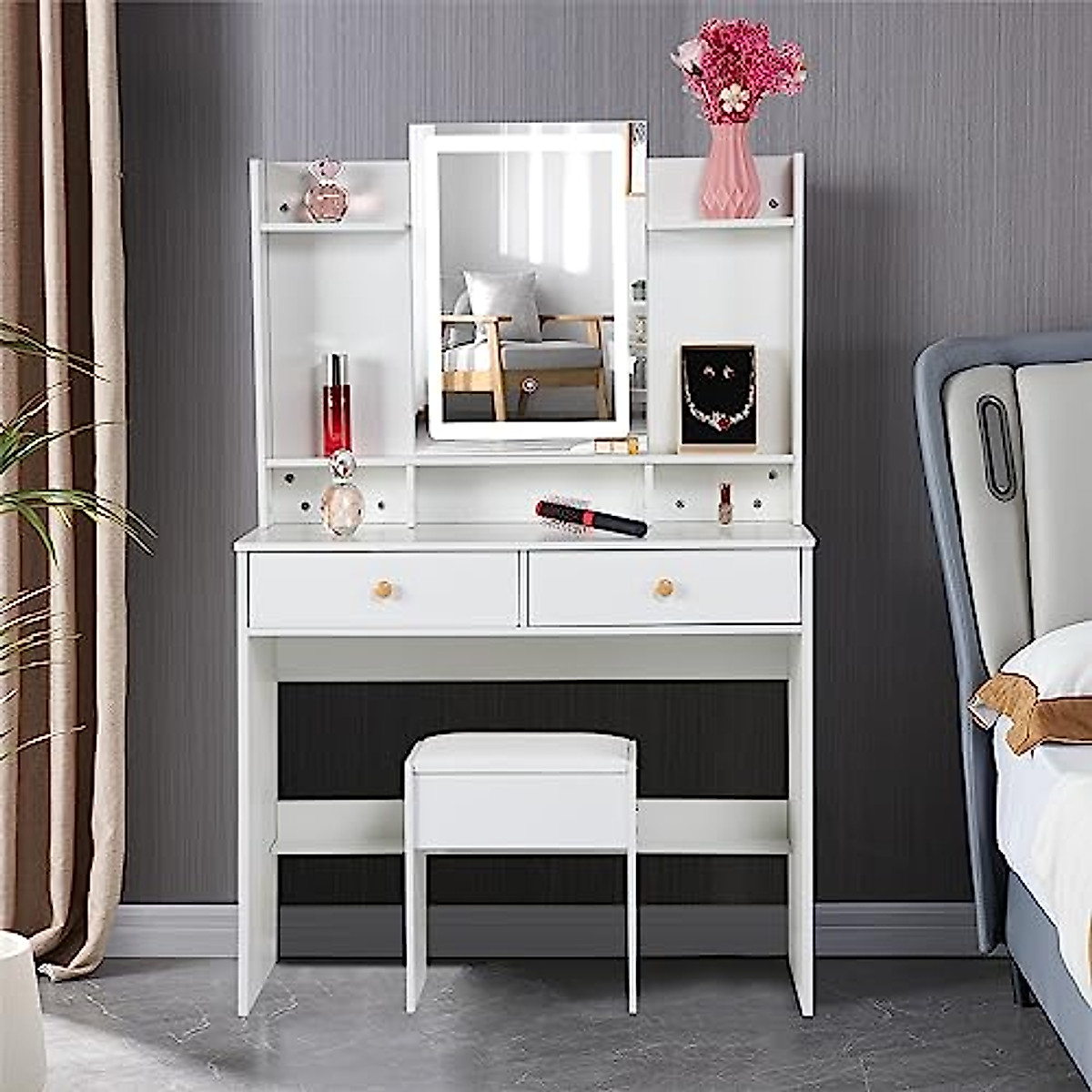 Modern Vanity Table with LED Lighted Mirror, Makeup Vanity Desk with 2 Drawers,Vanity Table Mirror with 3 Color Modes,Multiple Shelves & Cushioned Stool,Dressing Table for Bedroom