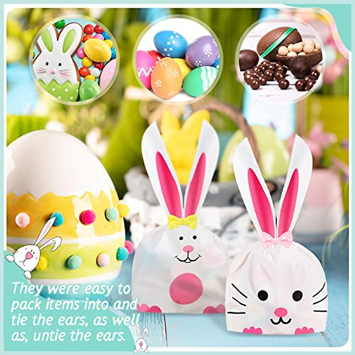 100 Pcs Cute Bunny Long Ear Candy Gift Bags Easter Goodie Bags Easter Bunny Gift Bag Plastic Easter Party Treat Bags with 100 Twist Tie Bow for Party Favors, Wedding Birthday Supplies
