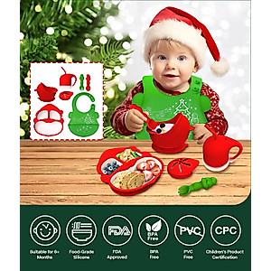Silicone Baby Feeding Set for Christmas,Toddler Plates and Bowls Set with Suction, Baby-Led Weaning Supplies with Adjustable Bib, Sippy Cup,Chewable Spoons & Forks, Baby Utensils 6+Months