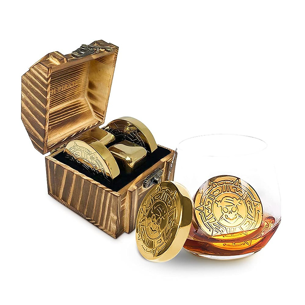 New Pirate Themed Gold Whiskey Coin and Cube Set, Stainless Steel Whiskey Chilling Stones | 4pc Set with Wooden Chest | Whiskey Gift for Men, Dad, Husband, Boyfriend