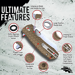 Western Active Honey Badger Knife - Flipper Wharncleaver Pocket Knife, EDC Knife, Hunting Knife with 3.6" Steel Blade, Nylon+Glass Fiber Handle, & Reversible Pocket Clip, 4.0oz, Large Tan HB1032