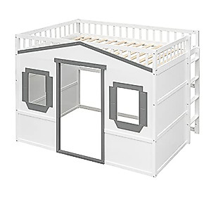 BOVZA Full Size Wood House Loft Bed with Ladder, Kids Playhouse Bed with Window for Girls Boys, White+Gray