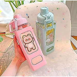 Kawaii Water Bottle With Straw And Sticker 23.6oz Cute For Kids Girls No Leak Large Sport Plasti Portable Square Drinking School Supplies, 02-Pink, 24
