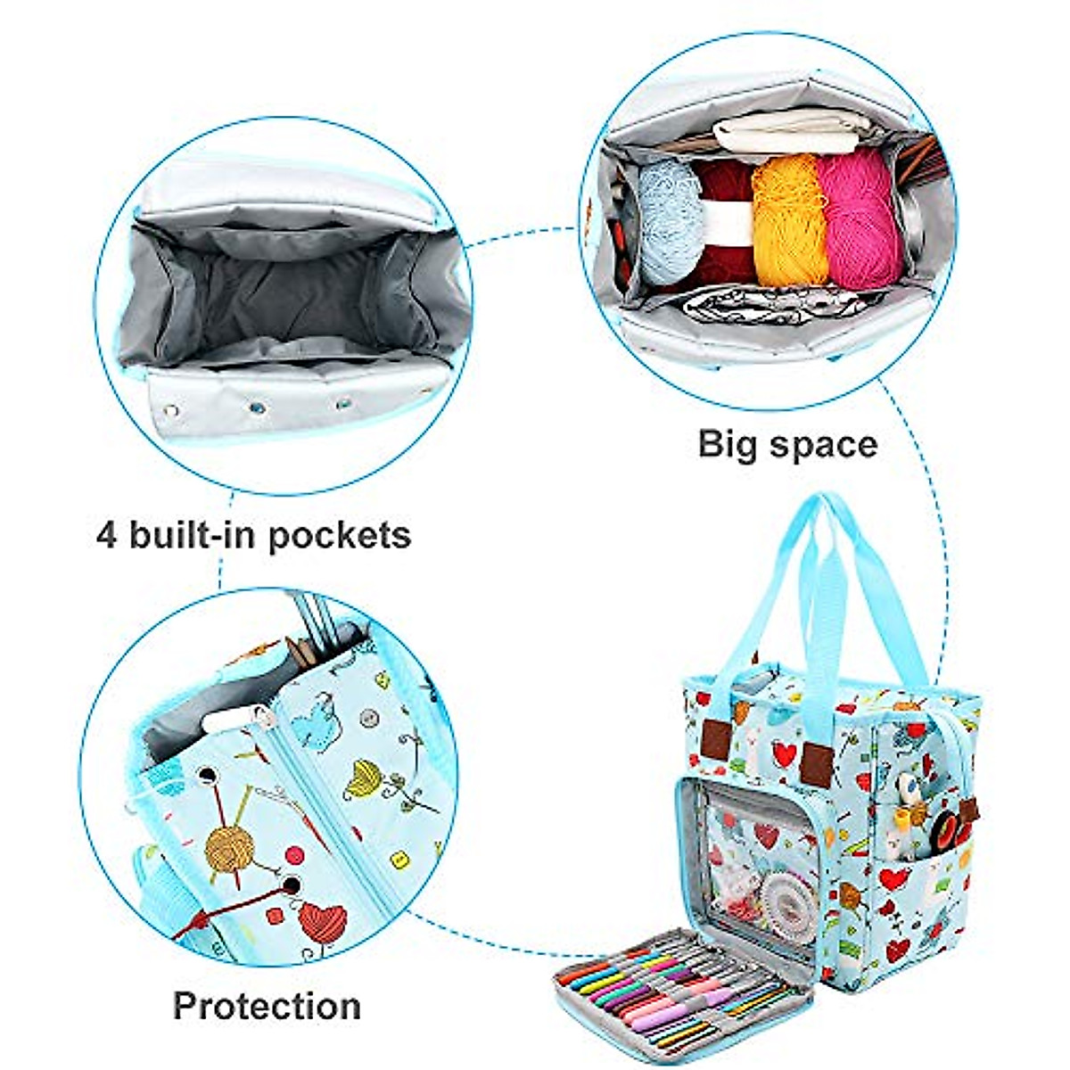 SumDirect Yarn Bag, Knitting Organizer Tote Bag Portable Storage Bag for Yarns, Carrying Projects, Knitting Needles, Crochet Hooks, Manuals and Other Accessories (Cute Blue)