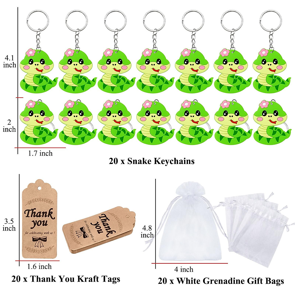 Elecrainbow 60 Pack Snake Party Favors Include 20 Snake Keychains, 20 Thank You Tags, 20 Gift Bags for Safari Party, Jungle Baby Shower, Animal Themed Kids Birthday, Wild ONE First Birthday
