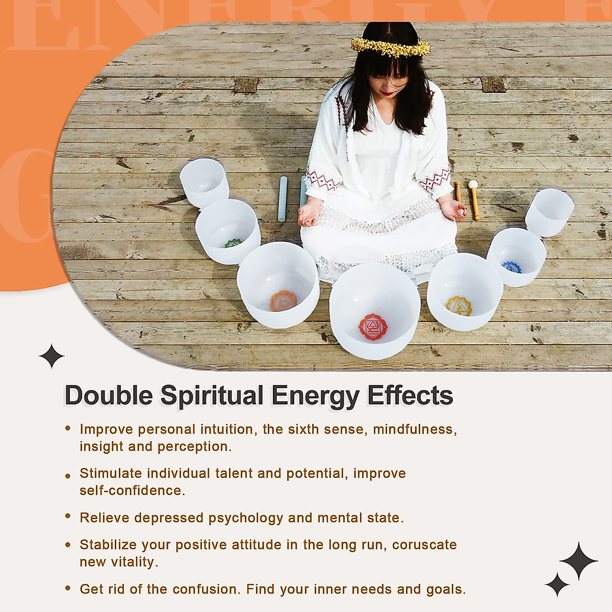 CVNC 432HZ 7-12 Inch Chakra Symbol Design Frosted Quartz Crystal Singing Bowl with 2 PCS Travel Carry Case Bag for Sound Healing