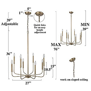 LALUZ Antique Gold Chandelier, Modern Farmhouse Light Fixture for Dining Room, Bedroom, Foyer, Living Room, Kitchen Island, Entryway (Upgraded Version, 2 Types of Height 8 Arms)