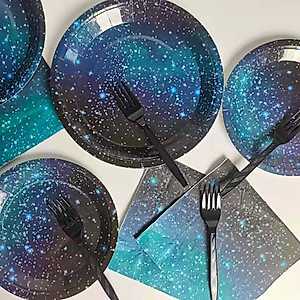 96 Pcs Galaxy Party Starry Night Supplies Tableware Set Outer Space Theme Birthday Star Party Table Decorations Solar System Paper Plates Napkins Forks for 24 Guests
