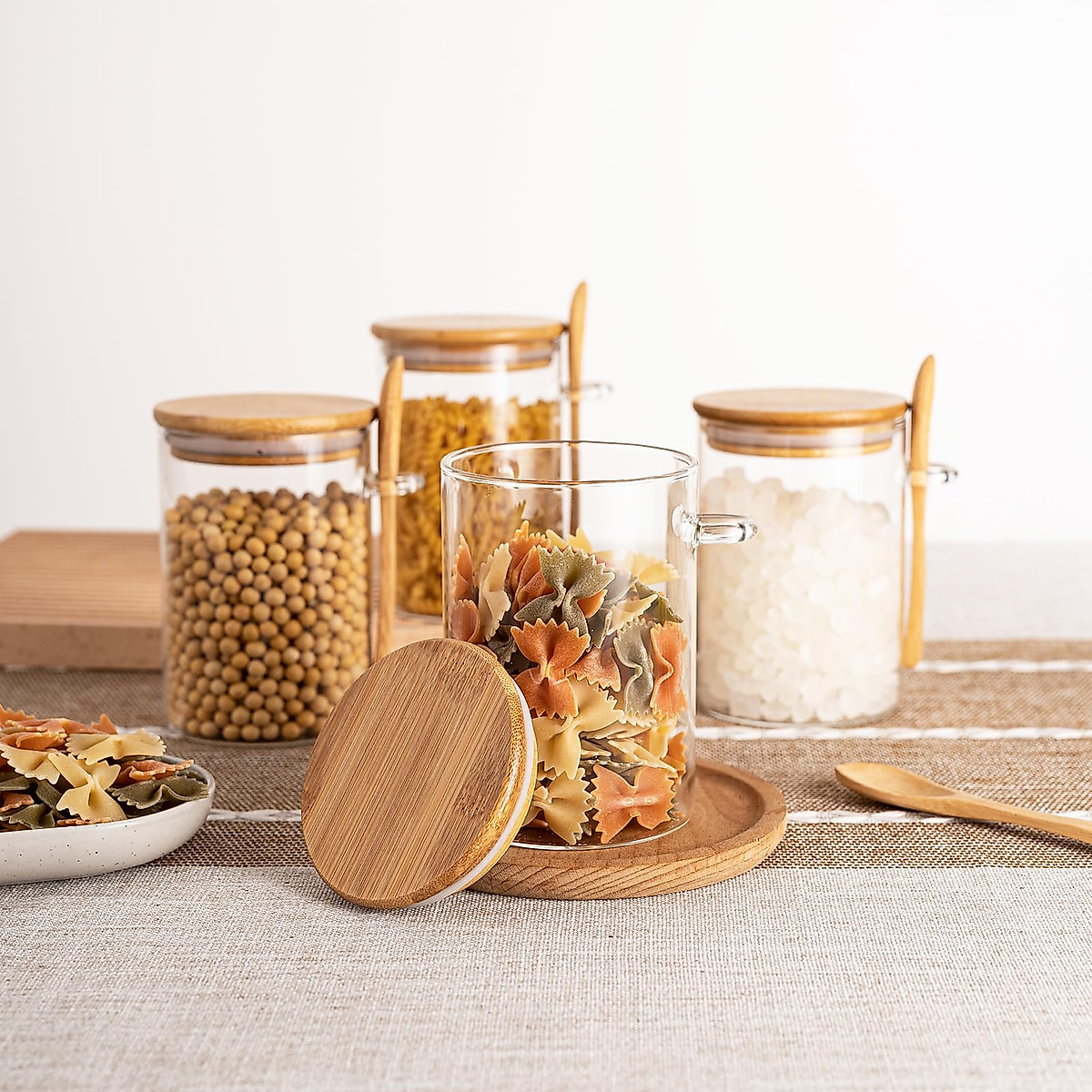 Famyards Glass Jars with Bamboo Airtight Lid and Spoon, Overnight Oats Containers with Lids, Decorative and Durable 17 Oz Kitchen Glass Canisters for Coffee Beans, Matcha, Flour, Sugar, Nuts, 3 Pcs