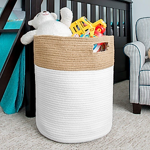 Large Living Room Blanket Basket | Tall Cotton Basket for Storage | 19 x 16 x 16 Inches | Laundry Hamper for Nursery & Bedroom | White & Tan