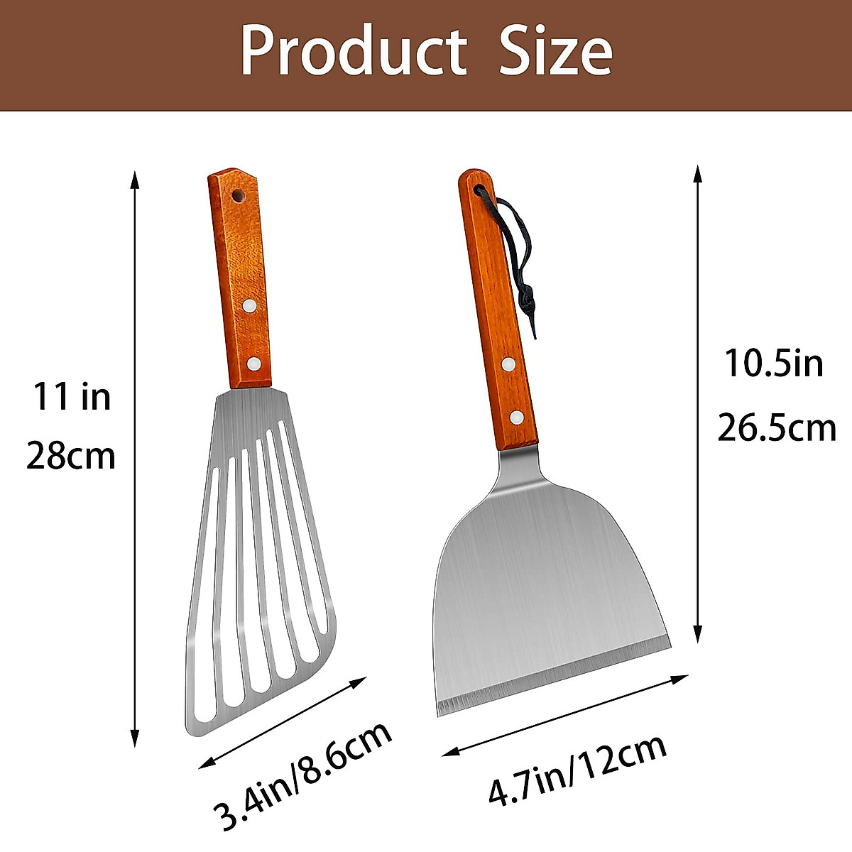 KLAQQED Spatula, Metal Spatulas Set, Stainless Steel Spatula, Fish Spatula Turner Cooking BBQ Grill Griddle Spatula, Metal Spatula for Cast Iron Skillet, Small Wide Kitchen Spatulas ​with Wood Handle