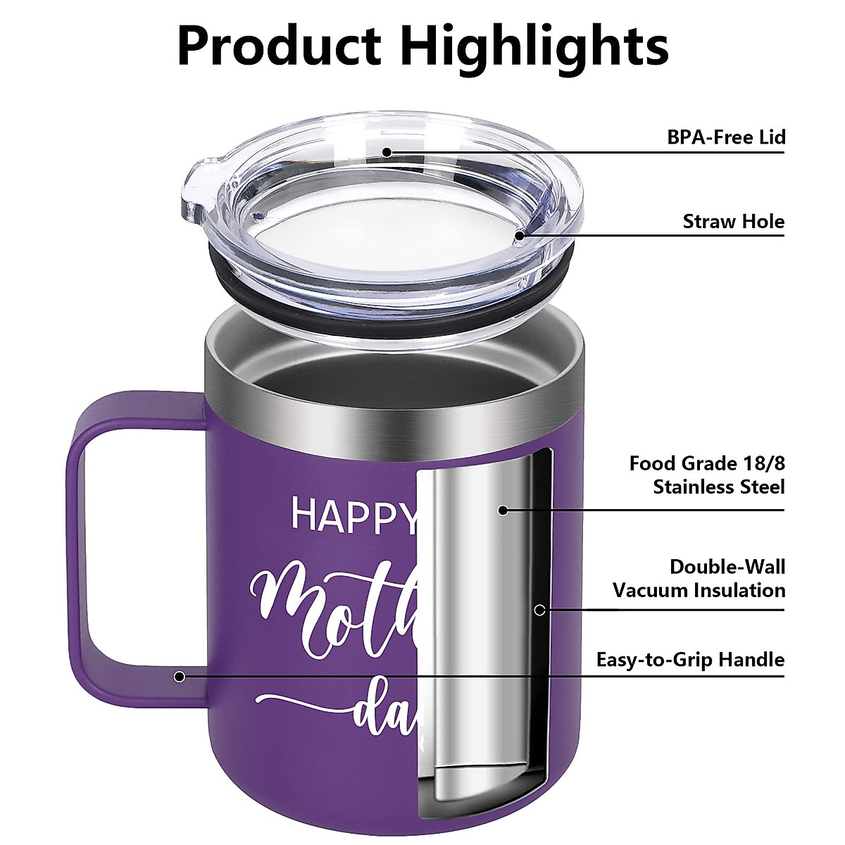 Gtmileo Mothers Day Gifts for Mom, Happy Mothers Day Stainless Steel Insulated Coffee Mug, Mom Gifts from Daughter Son, Birthday Christmas Gifts for Mom New Mom Mom to Be Mother Women(12oz, Purple)