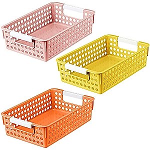 3 Pieces Classroom Storage Baskets Plastic Crayon Basket Pencil Storage Baskets Colorful Paper Organizer Baskets Plastic Bins with Handles for Home Office School, 10.7 x 6.9 x 3 Inch