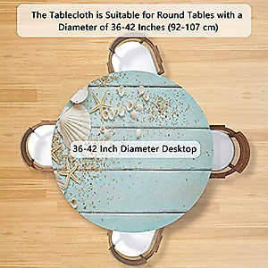 Beach Wood Texture Elastic Edge Round Tablecloth Shell Starfish Fitted Table Cover Waterproof Wipeable Round Table Cloth for Parties Outdoor Dining Table Decor Pads Size 48"(Fit for 36"-42" Table)