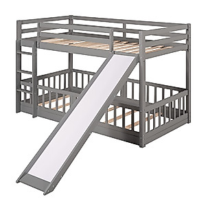 Harper & Bright Designs Twin Bunk Beds with Slide, Kids Wood Twin Over Twin Bunk Beds with Fence, Ladders, Safety Guard Rails for Kids, Toddlers, Teen, No Box Spring Needed (Grey)