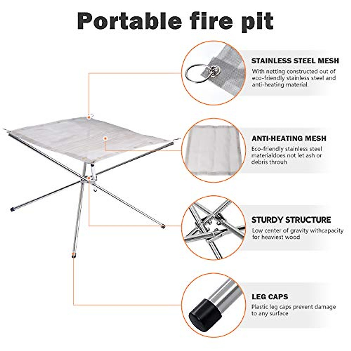 Portable Outdoor Fire Pit 16.5 Inch Upgrade Foldable Stainless Steel Mesh Fire Pit Wood Burning, Collapsible Fireplace Space Saving Perfect for Camping, Backyard, Patio, Garden (Carrying Bag Included)