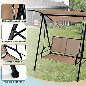 Tangkula 2 Person Porch Swing, Patio Swing with Adjustable Canopy, Comfortable Fabric Seat & Heavy-Duty Steel Frame, Outdoor Canopy Swing for Patio, Garden, Poolside (Beige)