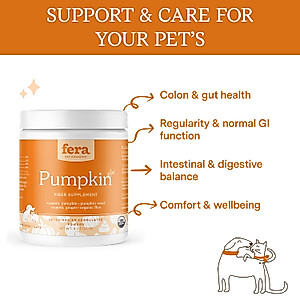 Fera Pet Organics Pumpkin Plus Fiber Supplement for Pets - Vet Created - Dog & Cat Regularity & Gut Function - Organic Pumpkin Seeds, Flax Seeds - 90 Scoops​