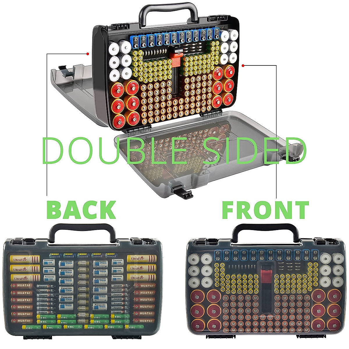 Aptbyte Battery Organizer Storage Holder Box Case with Tester- 269 Batteries Double-Sided Variety Pack, Holds AA AAA 4A C D Cell 9V 3V Lithium LR44 CR2 CR123 CR1632 18650 Button- Grey