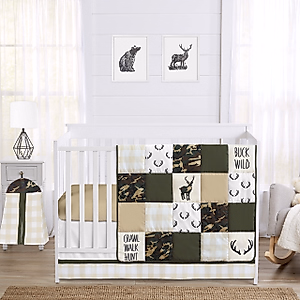 Sweet Jojo Designs Green and Beige Deer Buffalo Plaid Check Woodland Camo Baby Boy Crib Bedding Set - 4 pieces - Rustic Camouflage
