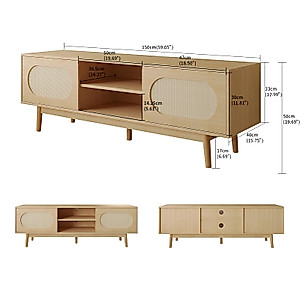 VOWNER Farmhouse Rattan TV Stand for 55/60/65 inch TV, Modern Entertainment Center with Natural Rattan Door and 2 Open Shelves, TV Console Table for Living Room, Wood Color