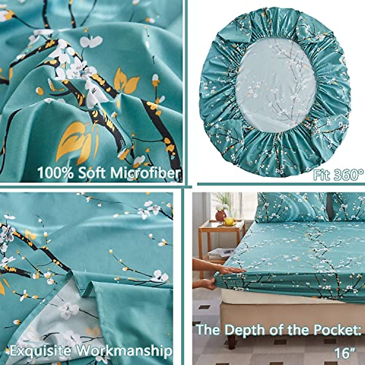 ZRNBAST Teal Sheet Set 4 Pcs Full Sheet Set Floral Print Flat Sheet Fitted Sheet Farmhouse Shabby Bedding Sheets Easy Fit Microfiber Sheets-All Seasons (Teal, Full)