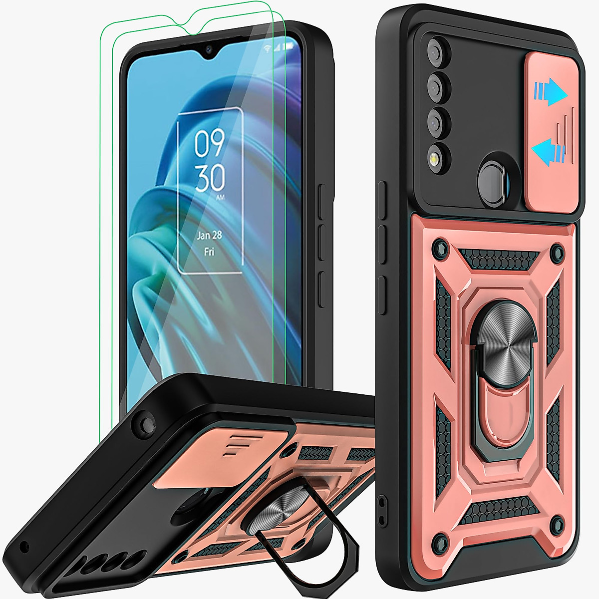 AKINIK for TCL 30 XE 5G Phone Case(Not Fit TCL 30 XL), with Slide Camera Cover and 2pcs HD Screen Protector, 360° Rotation Ring Kickstand [Military Grade] Case (Rose Gold)