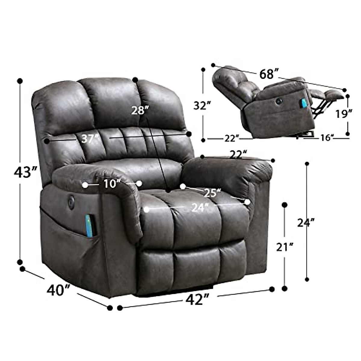 CANMOV Large Power Lift Recliner Chairs with Massage and Heat for Elderly Big People, Heavy Duty Electric Faux Leather Reclining Chairs with USB Port and 2 Side Pockets, Grey