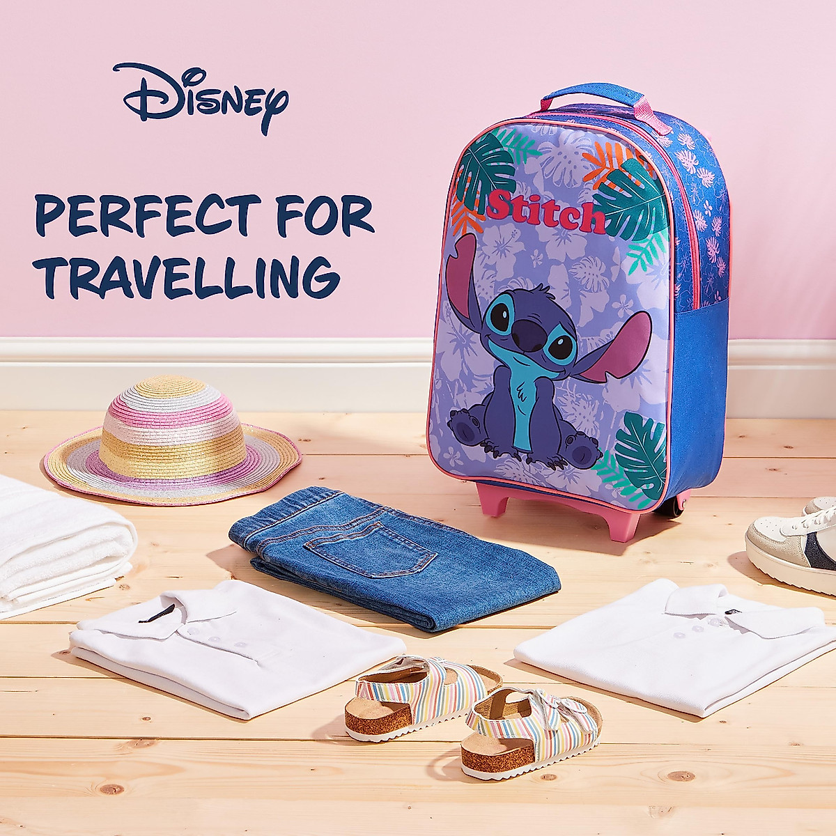 Disney Kids Suitcase - Foldable Trolley Bag 47 x 30cm, 2 Wheels Extendable Handle - Kids Gifts (Blue Stitch)