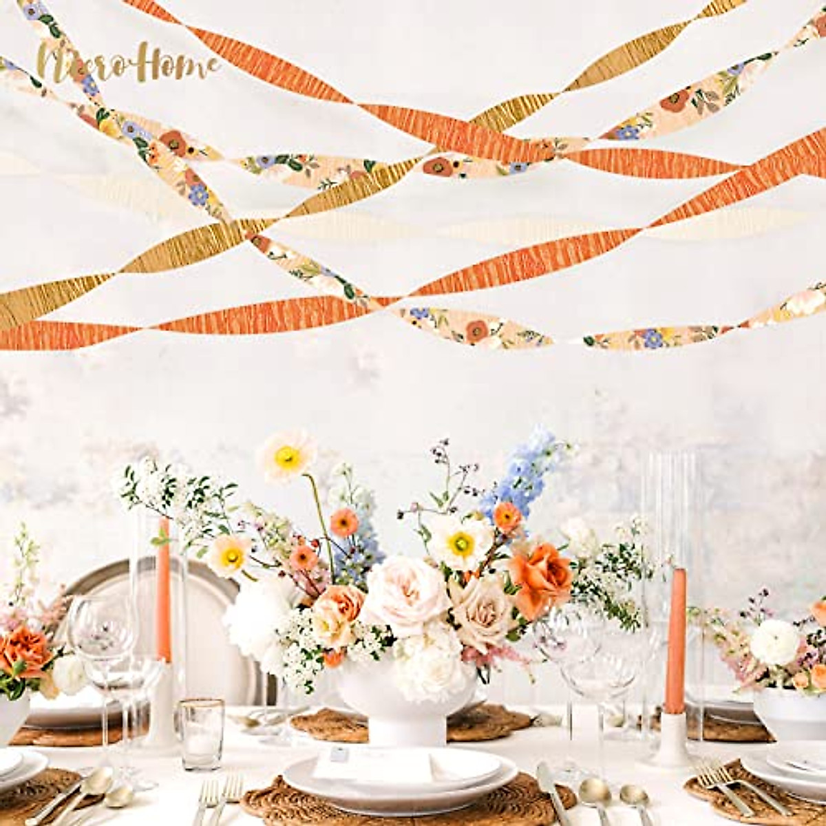 NICROHOME Wedding Party Decorations, 8 Rolls Retro Orange Flower Pattern Crepe Paper Streamers for a Boho/Floral Theme, Rustic Wedding, Engagement, Bridal Shower, Baby Showers, Birthday