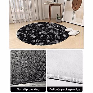 Christmas Flower Fluffy Round Area Rug Carpets 3.3ft, Plush Shaggy Carpet Soft Circular Rugs, Non-Slip Fuzzy Accent Floor Mat for Living Room Bedroom Nursery Decor Black White Pine Tree Leaves Cone