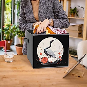 Cute Crane Bird Flowers Rose Foldable Storage Bins with Handles Storage Cubes Closet Organizer for Living Room Bedroom 2PCS