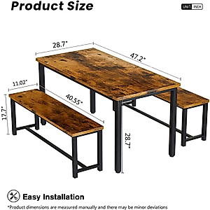 Recaceik 47" Dining Room Table Set with 2 Benches, Kitchen Dining Table Set for 4 Persons, Space Saving Kitchen Table and Chair Set for Dining Room, Small Space, Breakfast Nook(Brown)