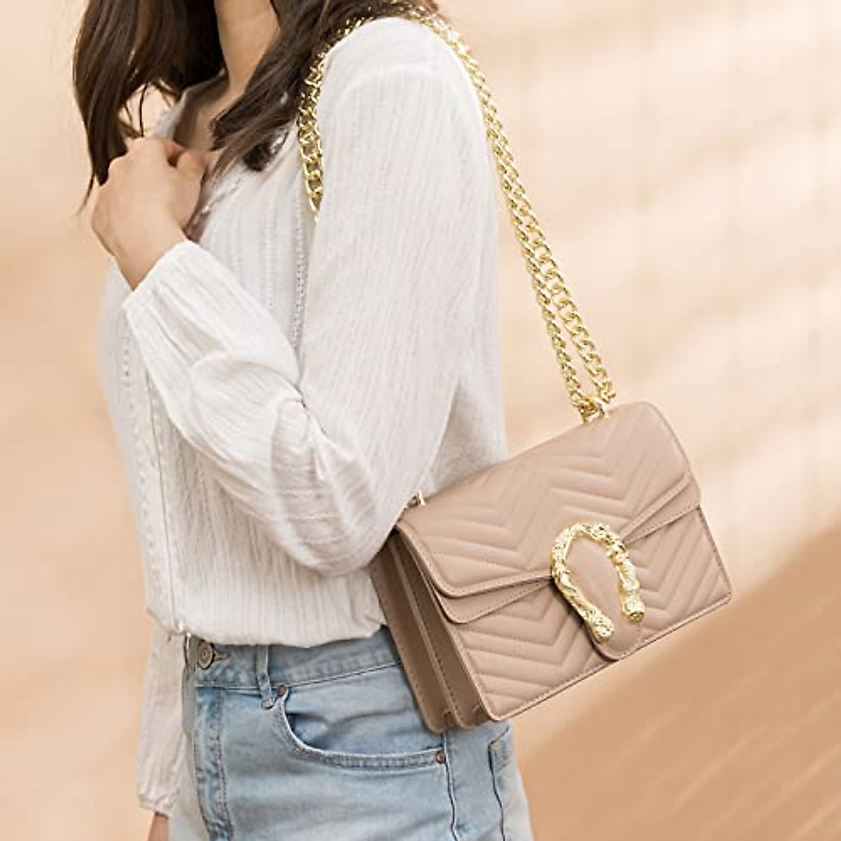 TAGDOT Fashion Metal Chain Shoulder Crossbody Bags for Women Handbag Purses Vegan Leather Clutches (Khaki)