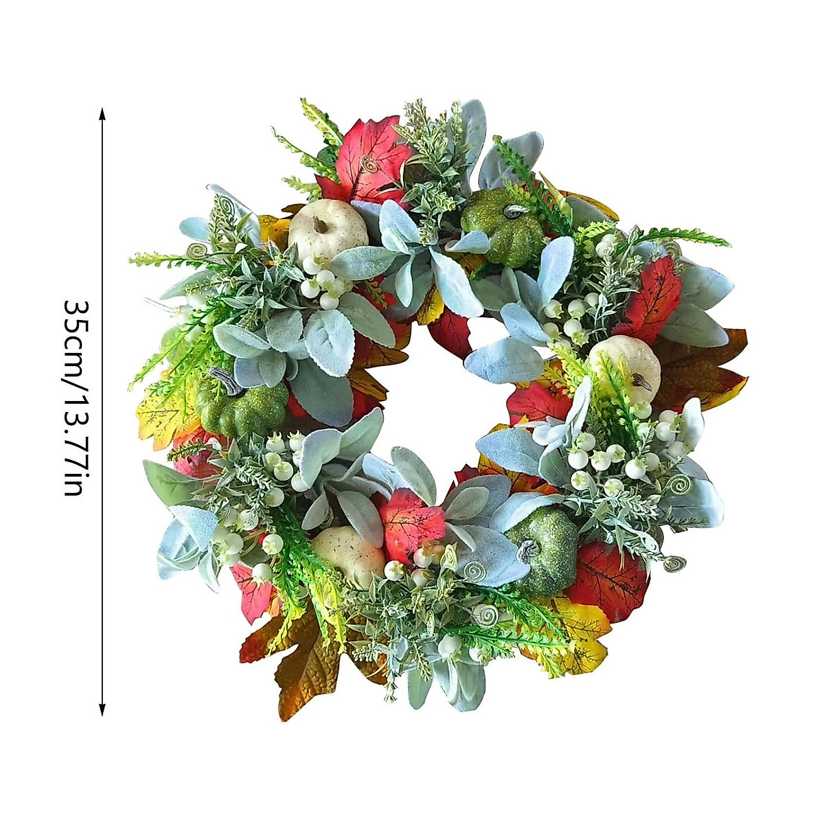 Fall Wreaths for Front Door Harvest Wreath with White Pumpkin Cotton Lamb's Ear Eucalyptus Leaves Farmhouse Autumn Wreath for Thanksgiving Halloween Decoration Indoor Outdoor (Maple-13.77IN)