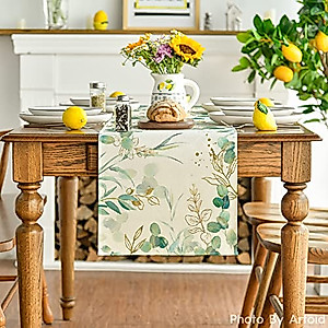 Artoid Mode Beige Greenery Eucalyptus Summer Table Runner, Spring Seasonal Anniversary Holiday Kitchen Dining Table Decoration for Indoor Outdoor Home Party Decor 13 x 72 Inch