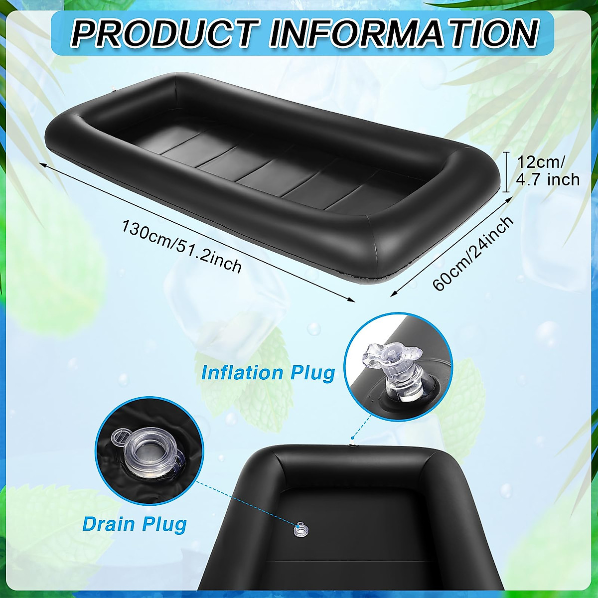 Leitee Inflatable Serving Bar with Drain Plug 52 x 24 x 5'' Inflatable Ice Serving Buffet Bar Inflatable Cooler for Party Food Cooler for Party Buffet Inflatable Drink Cooler(Black,Basic Style)